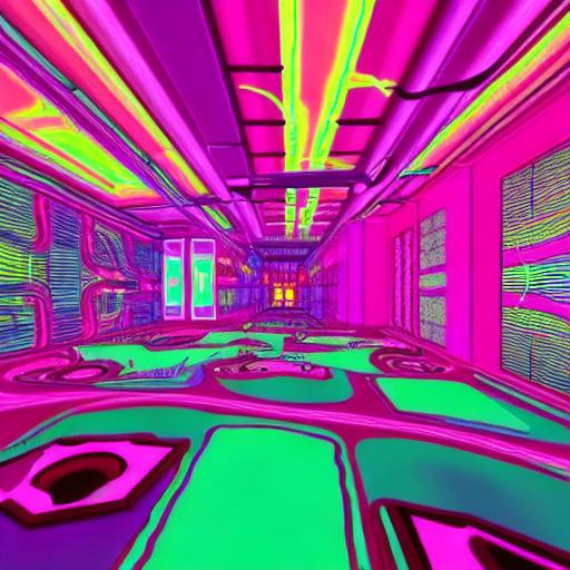 As you enter the room, a wave of neon colors and tri... | OpenArt