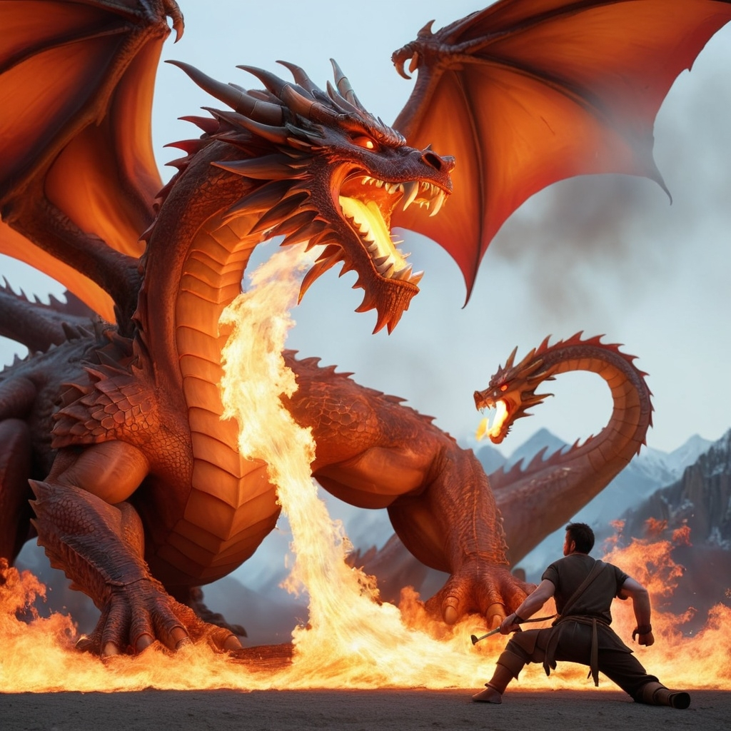 giant fighting a dragon made of fire
