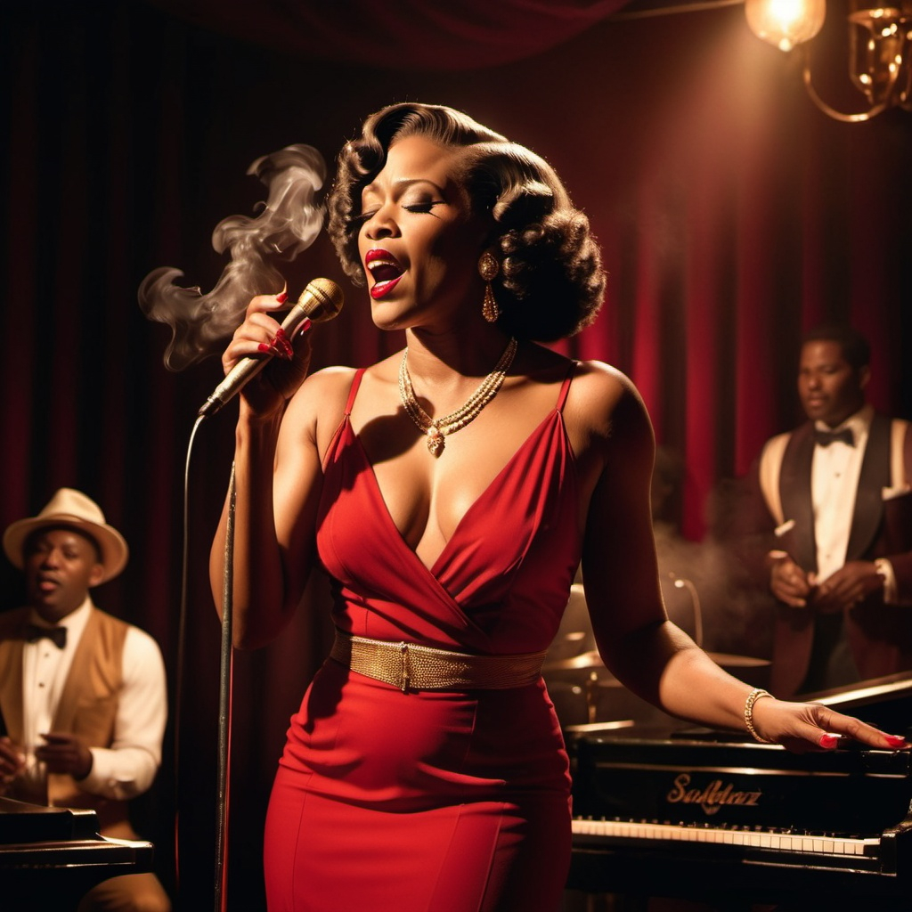 A soulful black jazz singer, dressed in a fitted, 30...