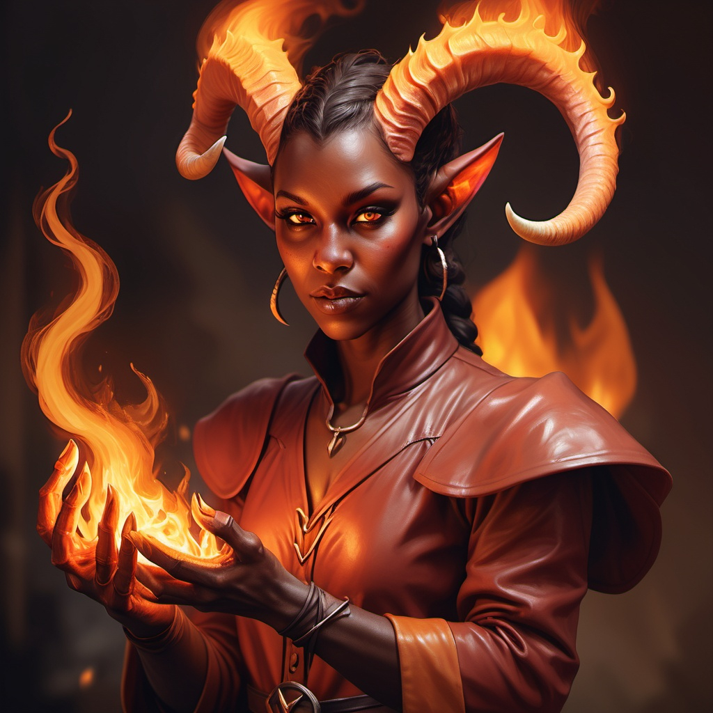 hyper-realistic Tiefling character with fire hands,...