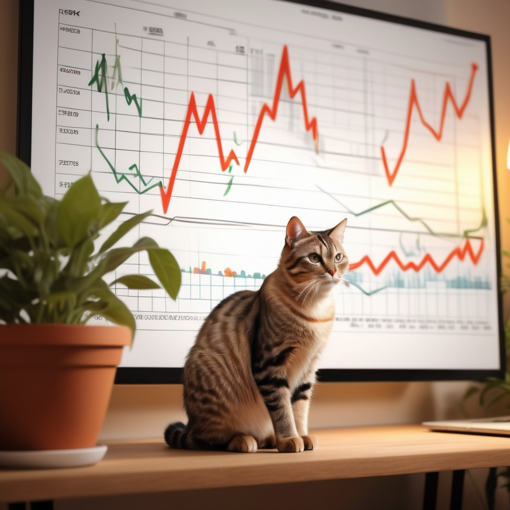 (cat sitting on a stock market graph), (room setting...
