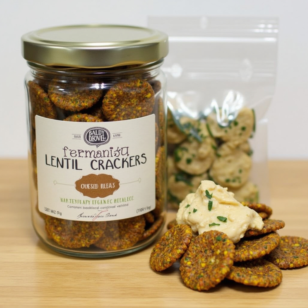Fermented lentil crackers in airtight jar with pickl...