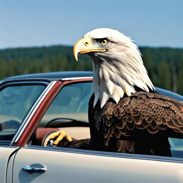 bald eagle driving a beige volvo