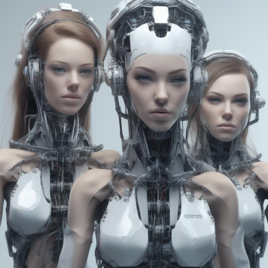 Three female cyborgs, beautiful, Greebles