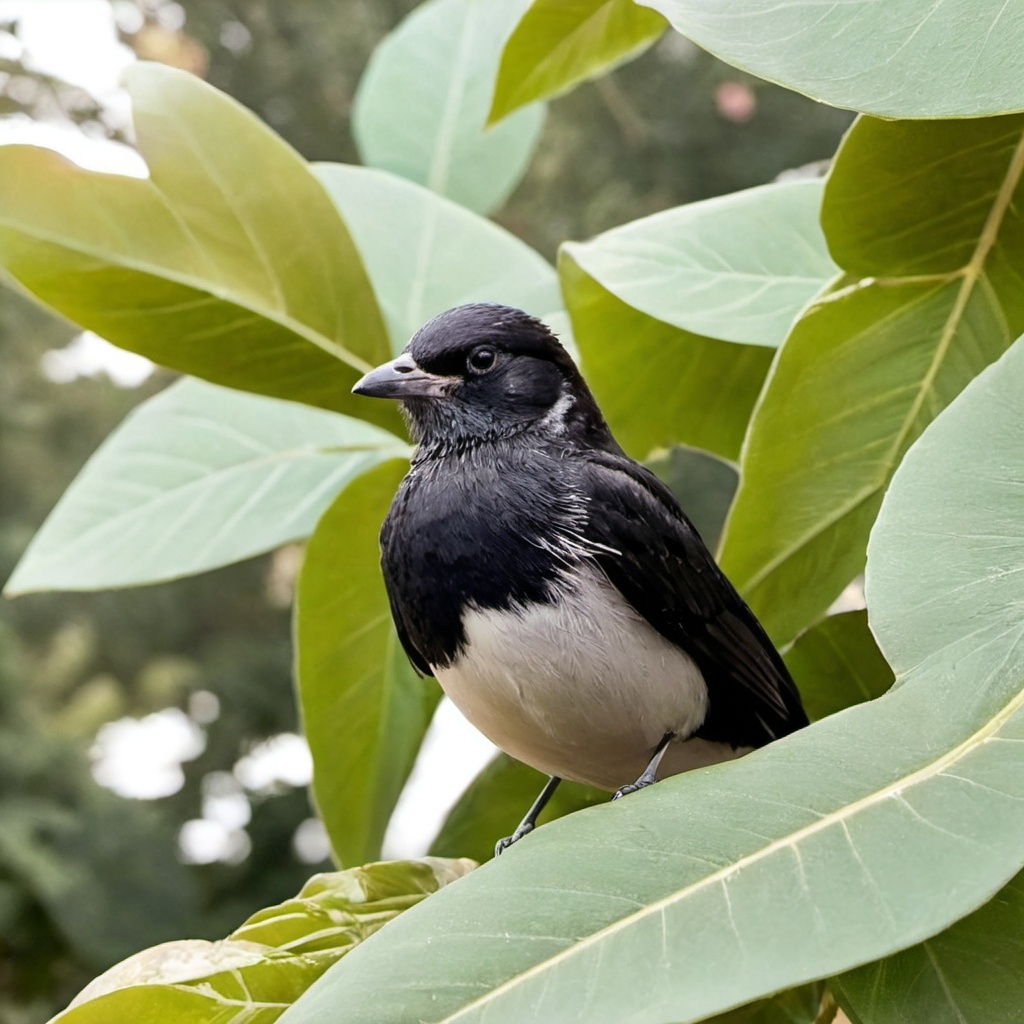 a bird sitting on top of a green leaf, biodiversity...