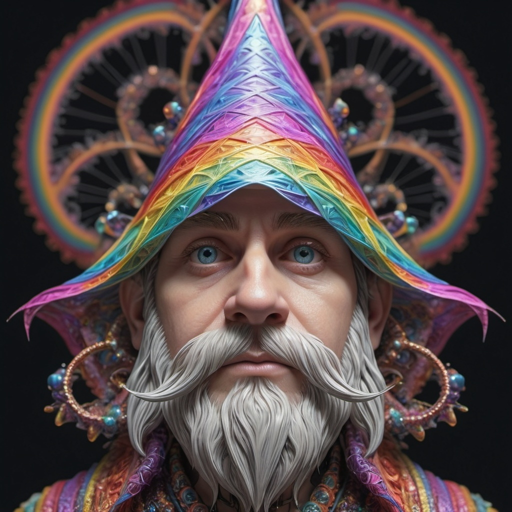 {a full body shot of a psychedelic fractal gnome as...