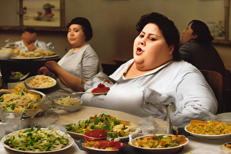 A very fat woman, preparing to eat various dishes at...