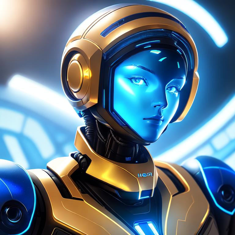 Photo, fictional, robot, android face, blue, white,...