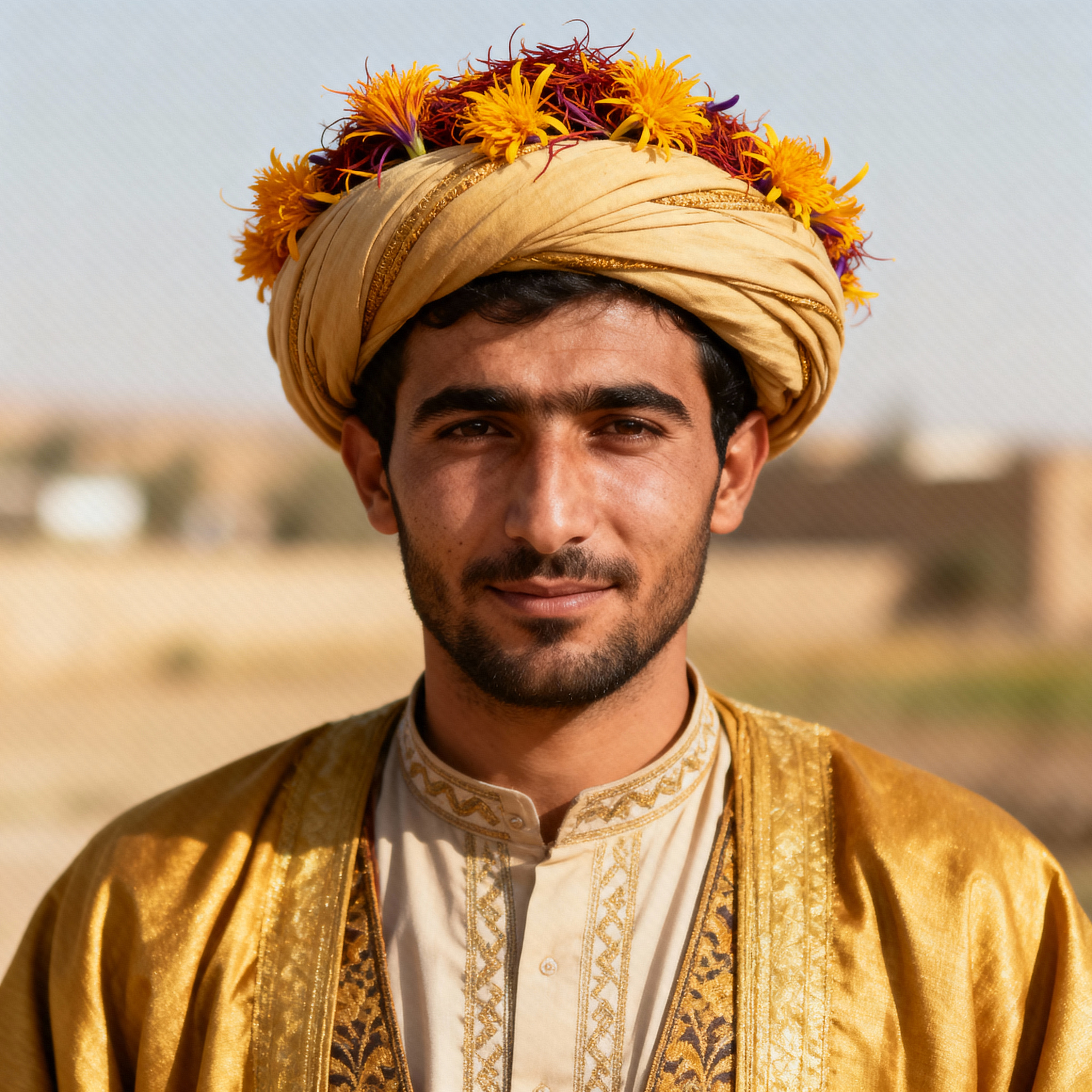 A man in Iranian clothing and a turban with saffron...