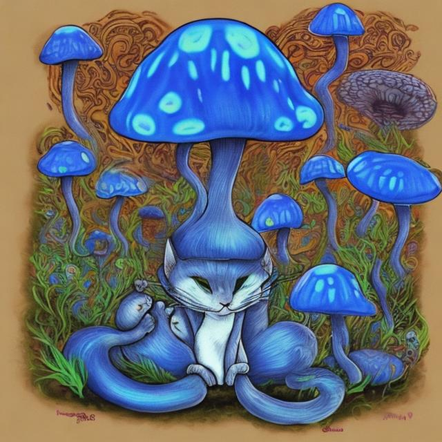 blue mushroom cat on DMT laying with a group of stoners