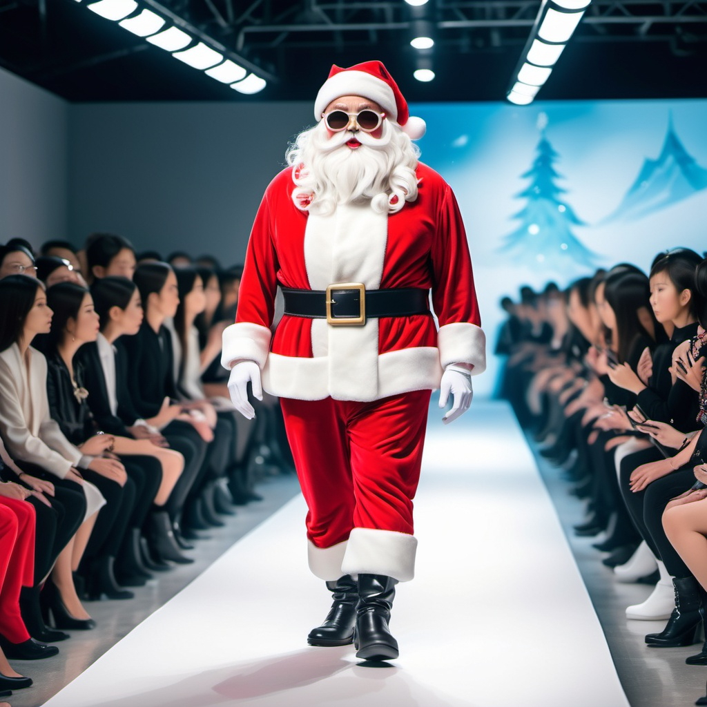 Santa Claus walking down a fashion show runway showi...
