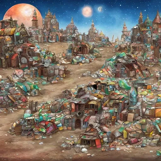 quirky village of buildings made of trash, on a dese...