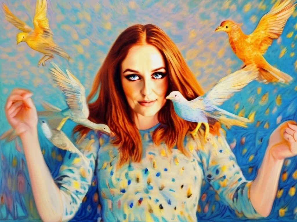 A portrait painting of a ginger woman, dancing with...