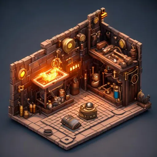 cute isometric steampunk forge and anvil in middle,... | OpenArt
