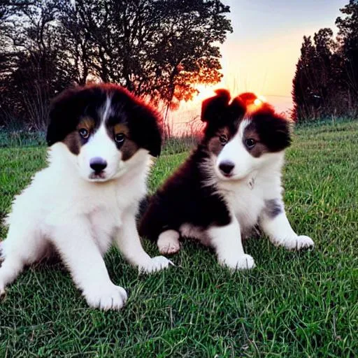 pretty collie puppies with a sunset | OpenArt