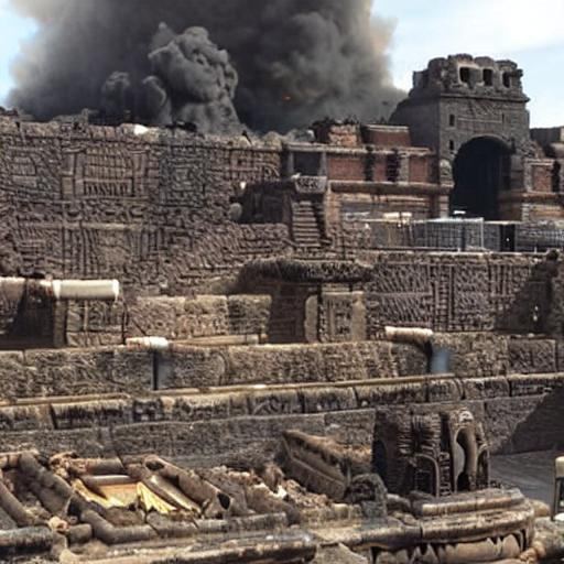 Aztec temple covered in industrial steam pipes fire... | OpenArt