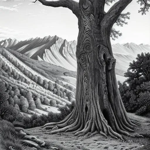 A black and white drawing of an oak tree with a larg...