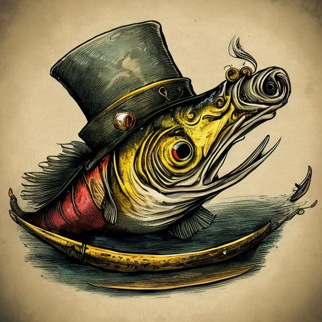 A fish that has a tophat and a monocle in old mediev...