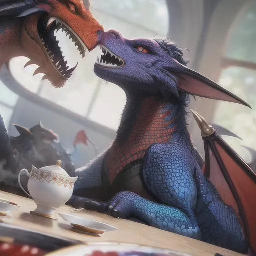 colorful dragons having a tea party, and a cute face... | OpenArt