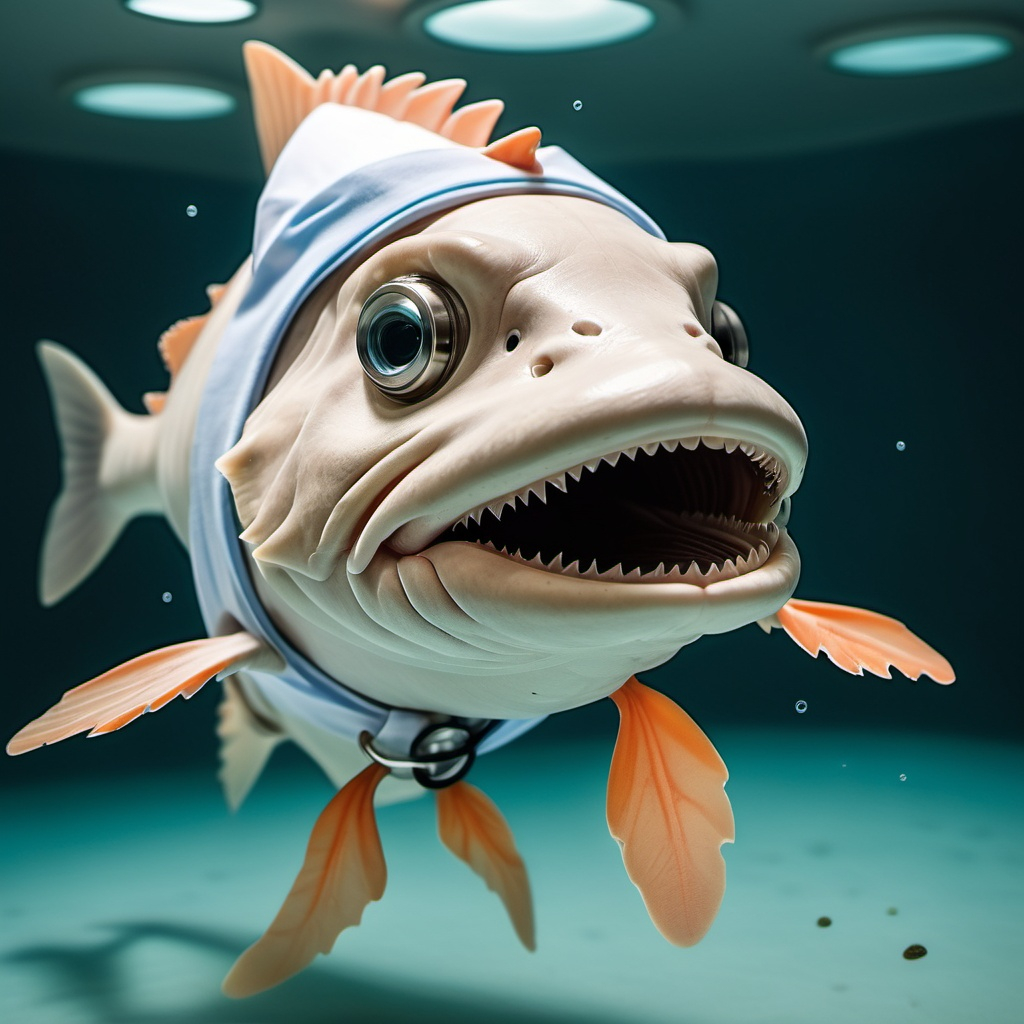 A sturgeon fish dressed as a doctor. underwater. Hos...