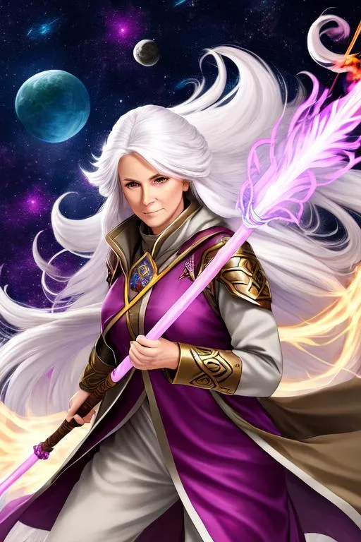 Old female fantasy ranger elder, long white hair, kh... | OpenArt