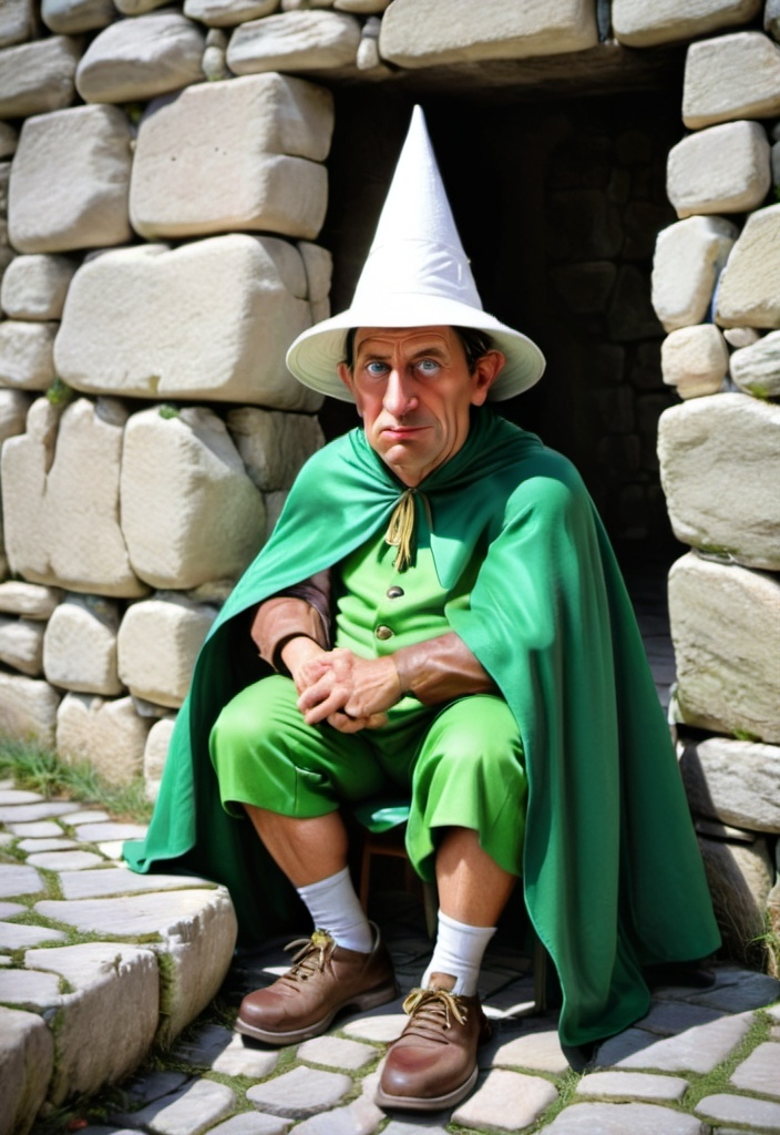 a man dressed in a green cape and a white hat sittin...