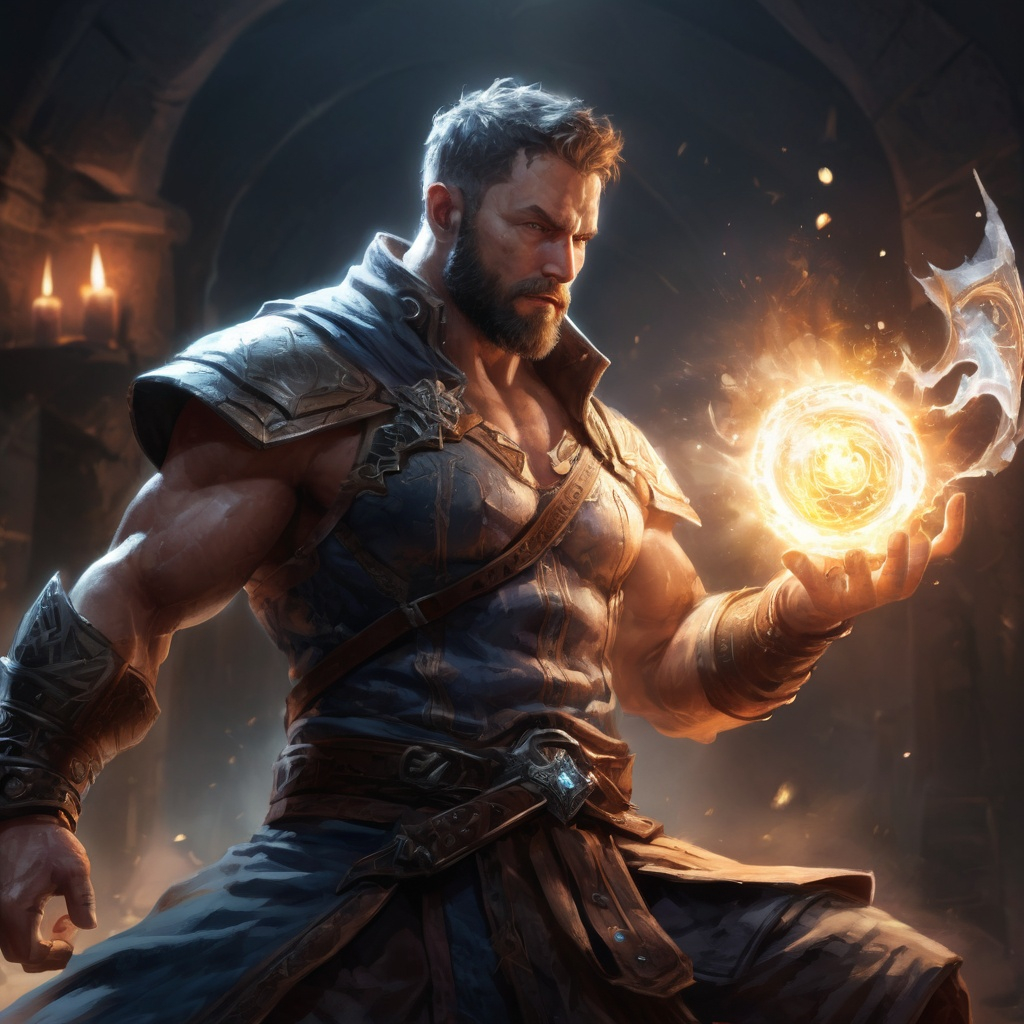 Male stocky large muscular battle-mage with short-cu...