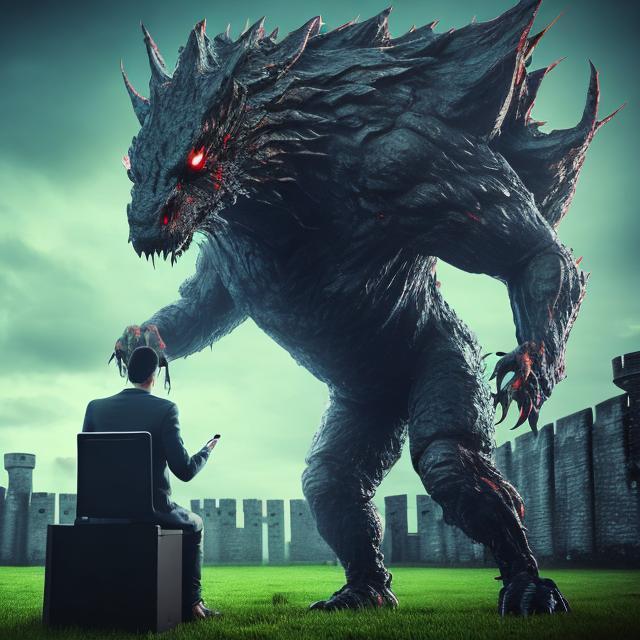 Evil large dangerous monster dressed as a computer h...