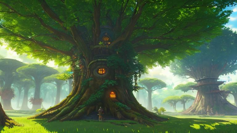 tree city, ents, elves, atmospheric, hyper realistic...