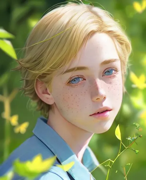 In forest One Beautiful young boy looking to the sid... | OpenArt