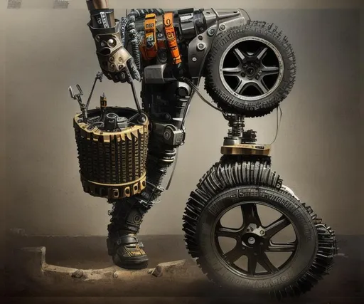 Diesel punk cyborg leg with tires on it, concept a...
