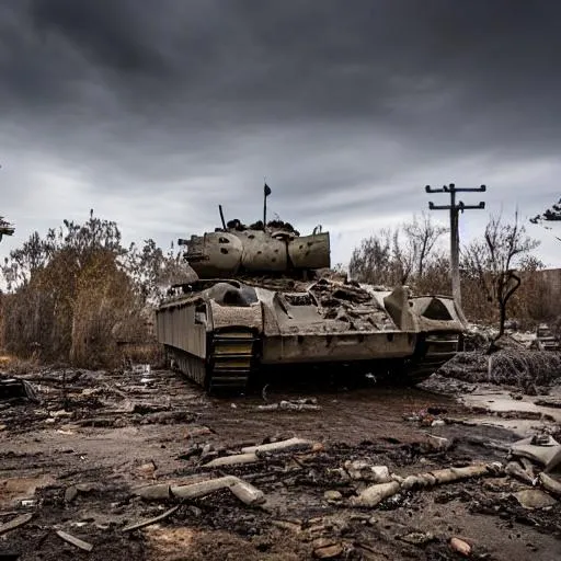destroyed tank in a post apocalyptic city. Photo rea... | OpenArt