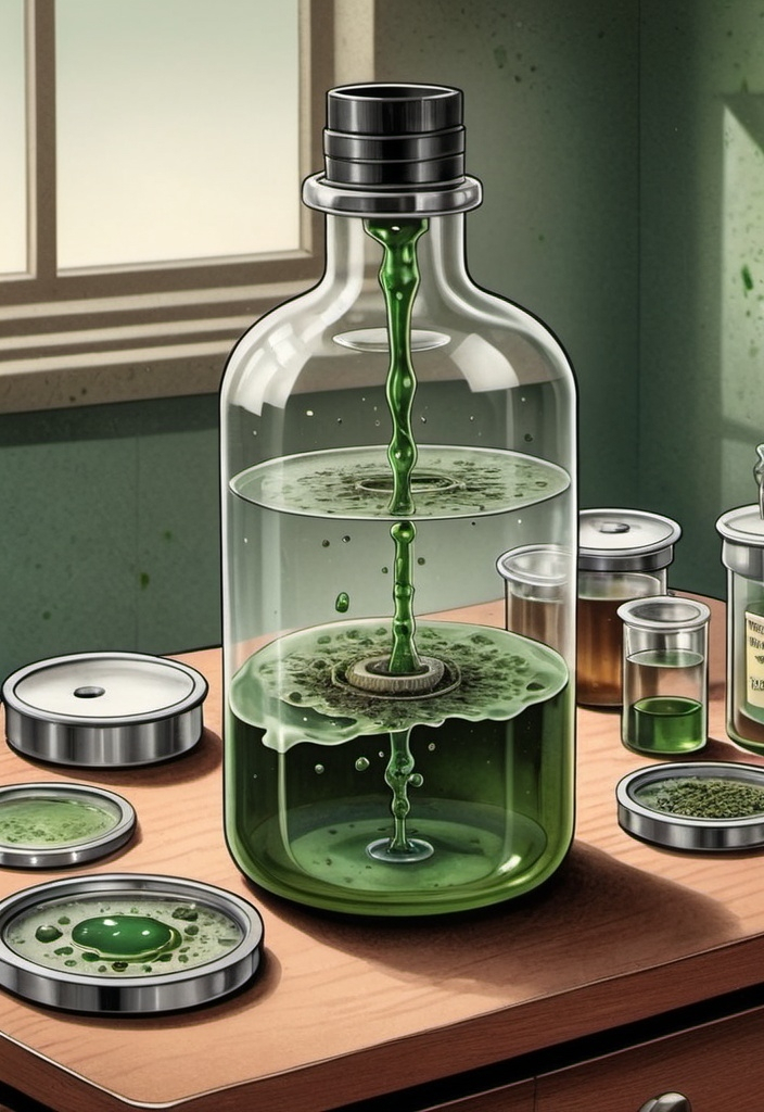Vintage medical illustration. Setting is a moldy lab...