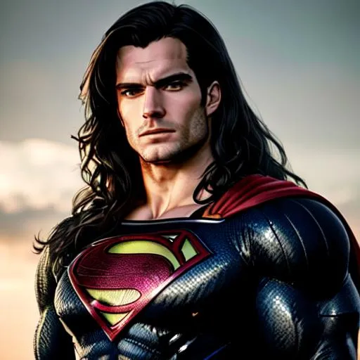 "Henry Cavill as long hair, black suit superman, 334...