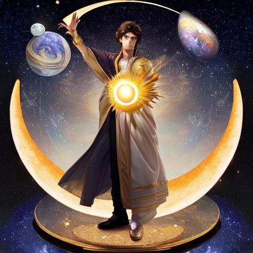 A 25 years old prince is holding the sun and moon in... | OpenArt
