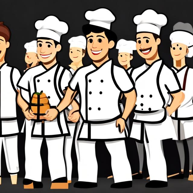 A cartoon outline of waiters and chefs in a restaurant