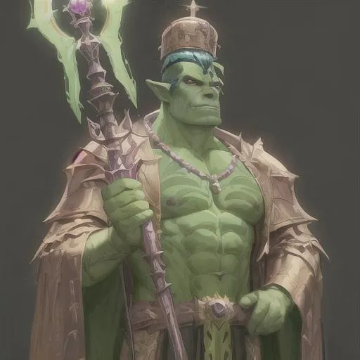 portrait of a handsome green orc cleric, purple bish... | OpenArt