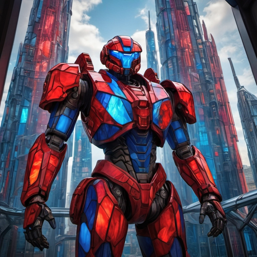 red and blue, mech warrior standing in front of a fu...