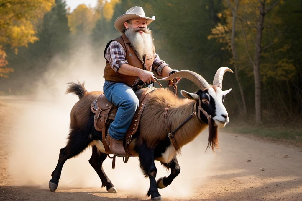 An adult dwarf cowboy riding a Billy goat, action bu...