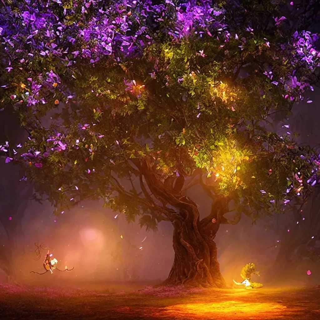 beautiful painting of a tree with fairies flying, gl... | OpenArt