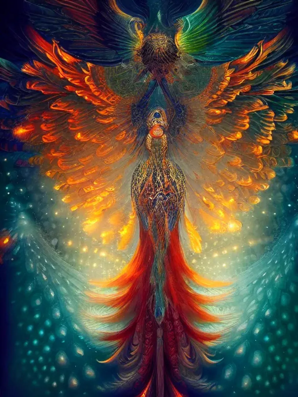 Detailed centered portrait, phoenix, complex wings.,... | OpenArt