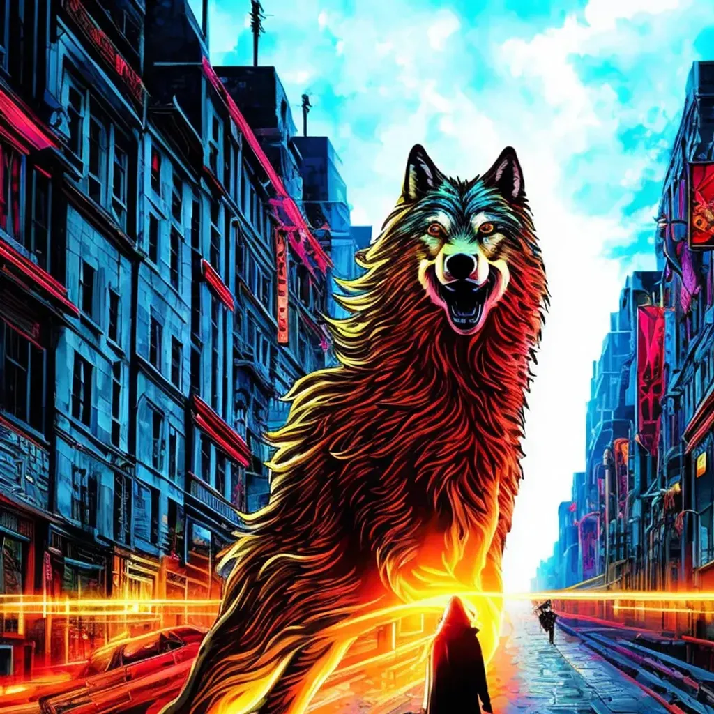 a painting of a wolf walking down a street, poster a... | OpenArt