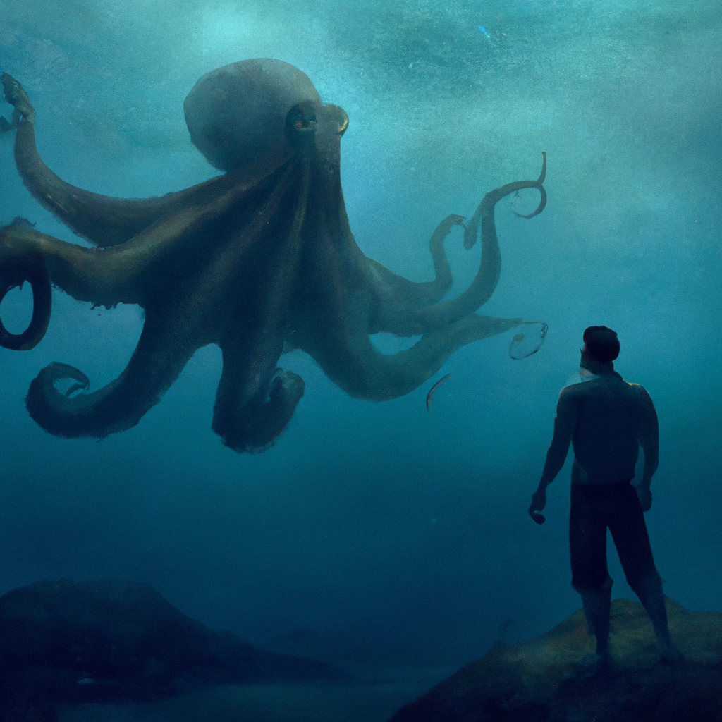 a giant octopus in the ocean with a man standing nex... | OpenArt