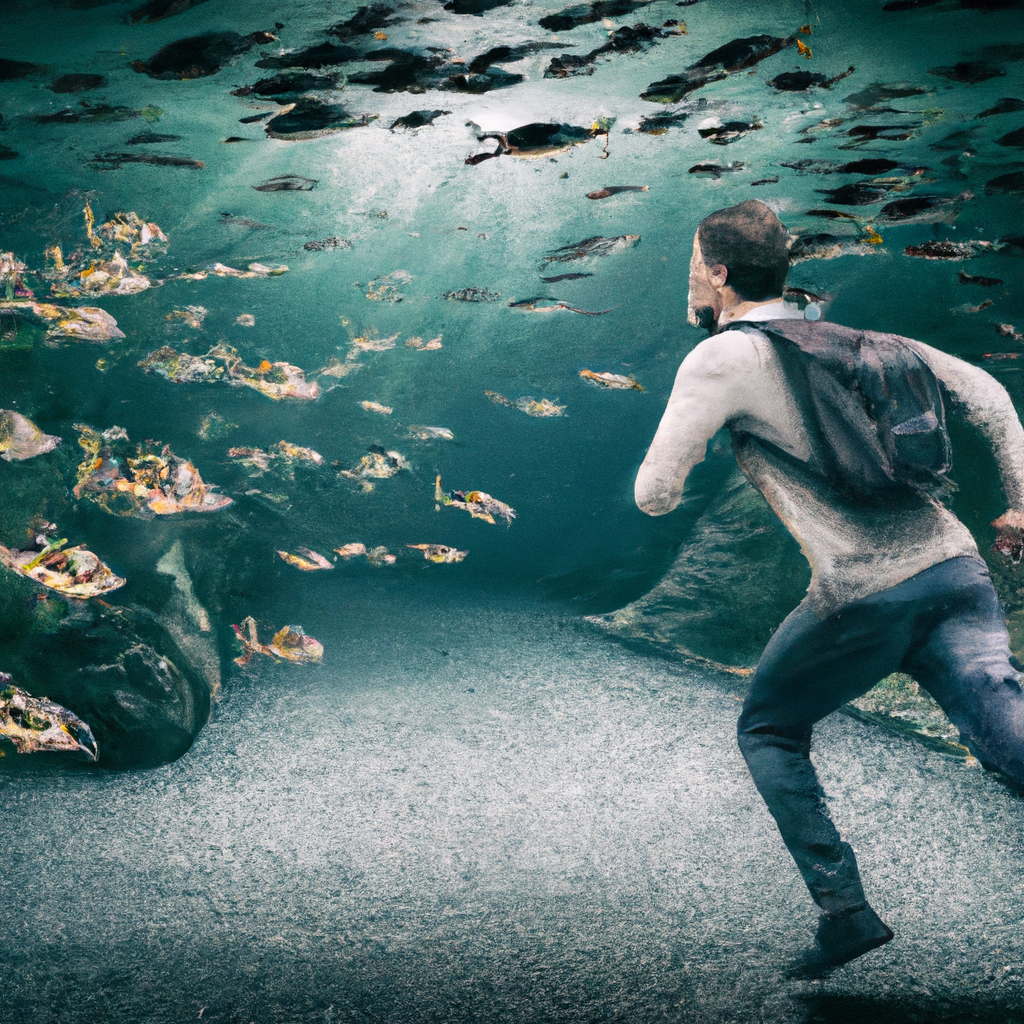 scary man running toward a school of fish in an aqua... | OpenArt