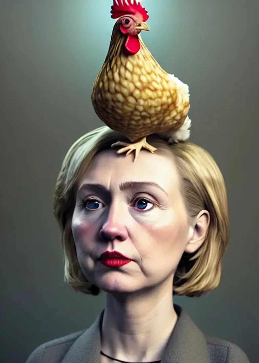 portrait of young Hilary clinton, chicken sitting on... | OpenArt