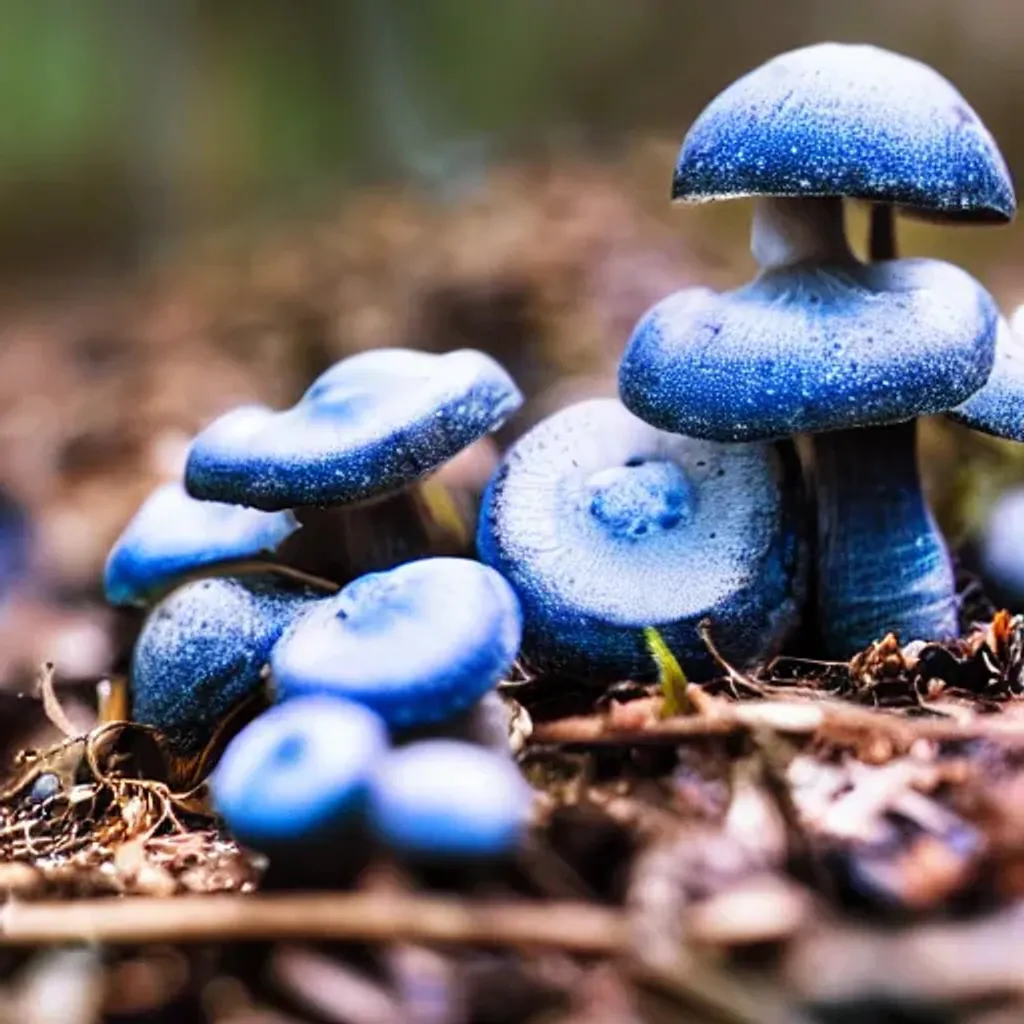 Photo of blue mushrooms in the forest, natural light... | OpenArt