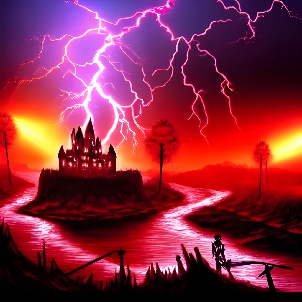 river of blood and lightning. castle on the side of... | OpenArt