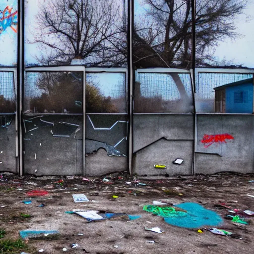 abandoned playground, broken glass, graffiti on wall... | OpenArt
