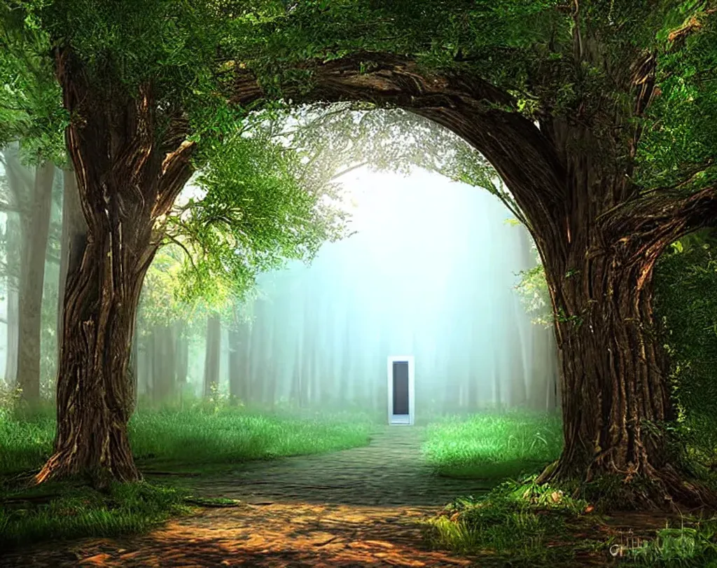 beautiful open glowing portal door between two trees... | OpenArt