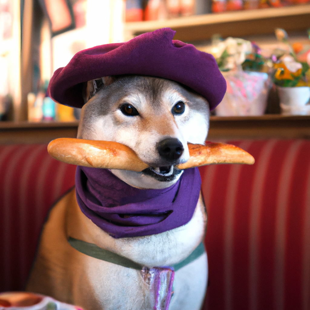 a shiba inu wearing a purple beret in a diner eating... | OpenArt